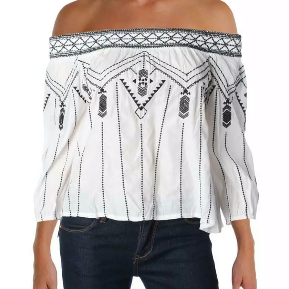 Aqua | Tops | Aqua Bw Embroidered Off Shoulder Boho Top Med | Poshmark